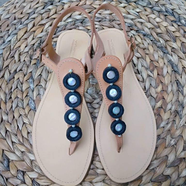 Handmade leather sandals with volcanic stones and real pearls!